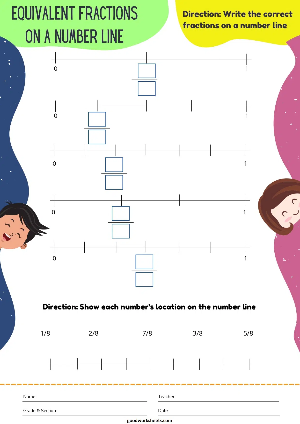 Printable Equivalent Fractions On A Number Line Worksheets With Answer ...