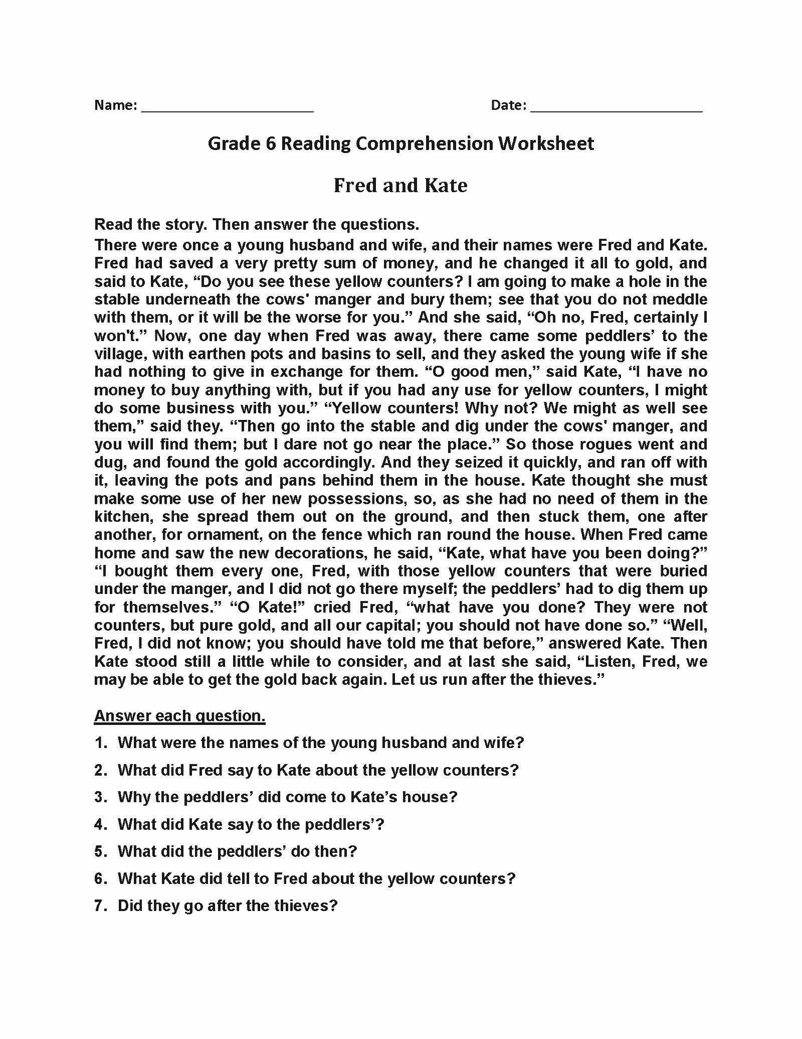 Year 6 Reading Comprehension Worksheets Pdf Thekidsworksheet 6th 